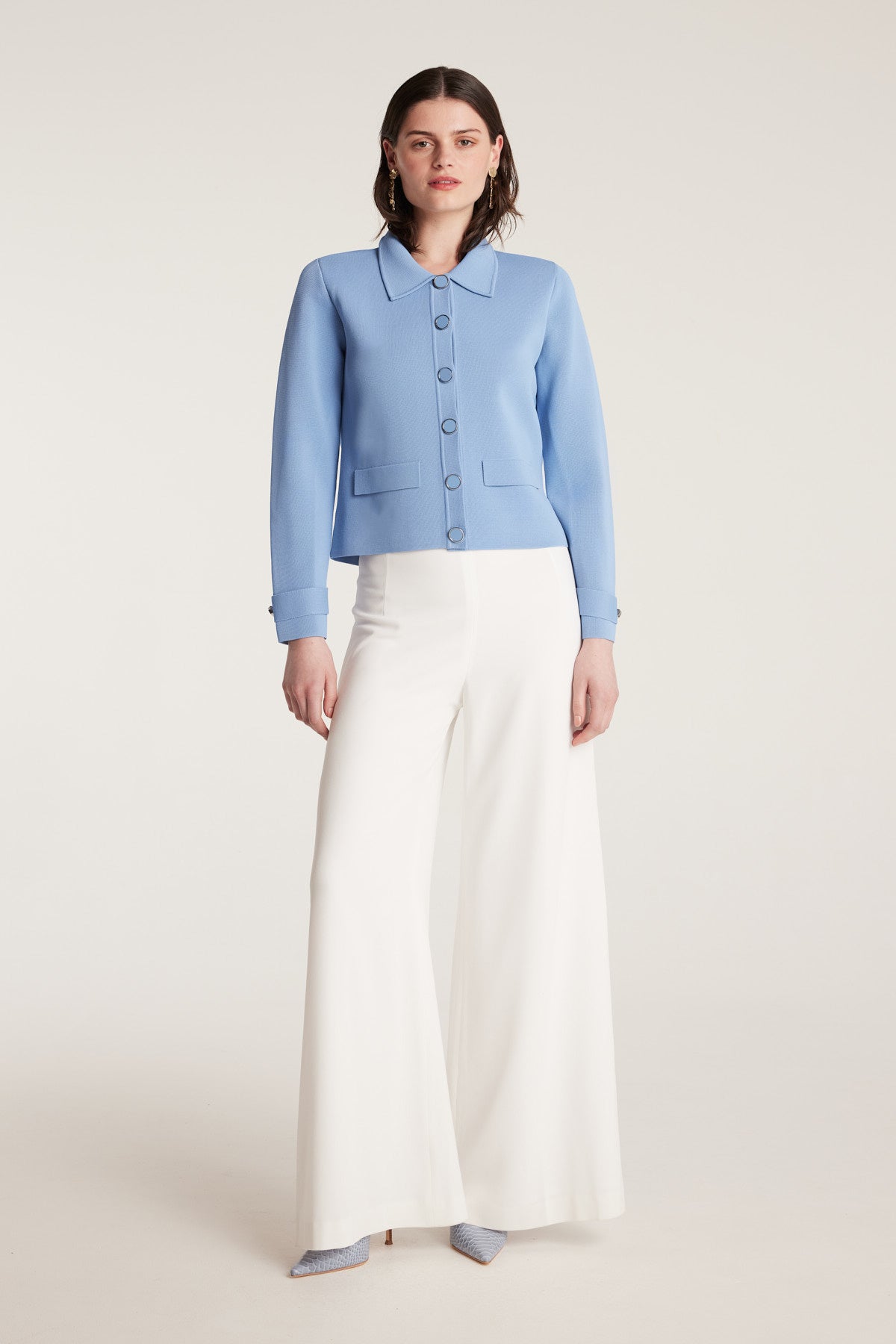 Milano Crepe Knit Jacket - Powder Blue - Perri Cutten